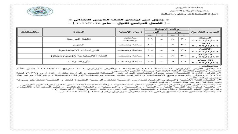 جدول امتحانات الصف الخامس الابتدائي 2026 نصف العام في الفيوم - الوطن